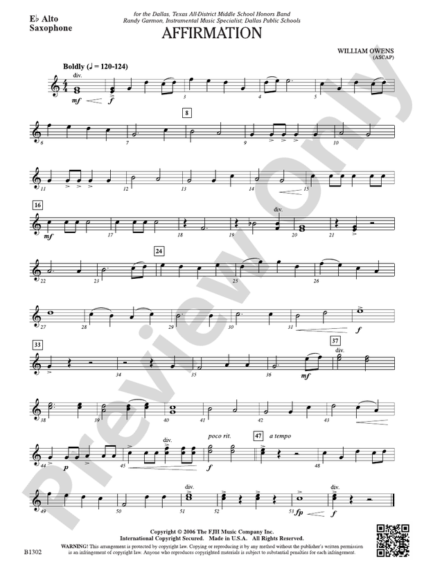 Affirmation: E-flat Alto Saxophone: E-flat Alto Saxophone Part: William Owens - Digital Sheet ...