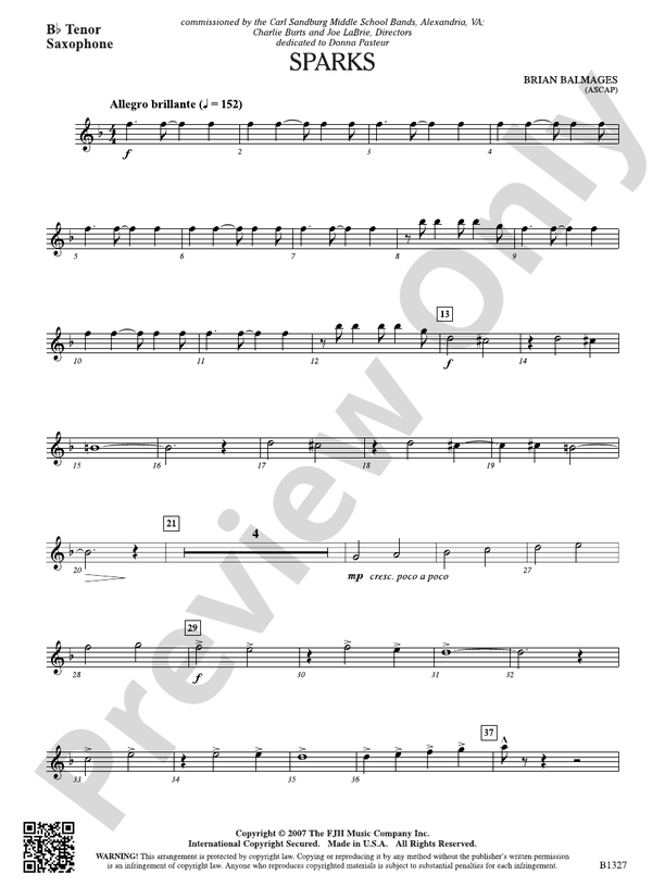 Sparks: B-flat Tenor Saxophone: B-flat Tenor Saxophone Part: Brian Balmages - Digital Sheet ...