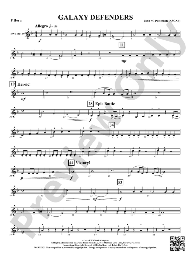 Galaxy Defenders: 1st F Horn: 1st F Horn Part: John M. Pasternak - Digital Sheet Music Download