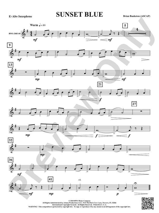 Sunset Blue: 1st E-flat Alto Saxophone: 1st E-flat Alto Saxophone Part: Brian Bankston - Digital ...