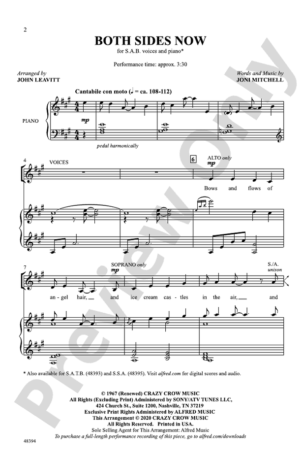 Both Sides Now: SAB Choral Octavo: Joni Michell - Digital Sheet Music Download