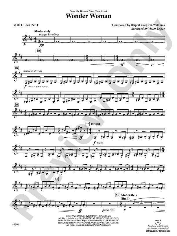 Wonder Woman: From the Warner Bros. Soundtrack: 1st B-flat Clarinet ...