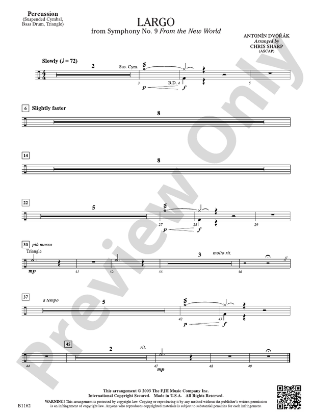 Largo from Symphony No. 9: Percussion: Percussion Part: Antonín Dvorák ...