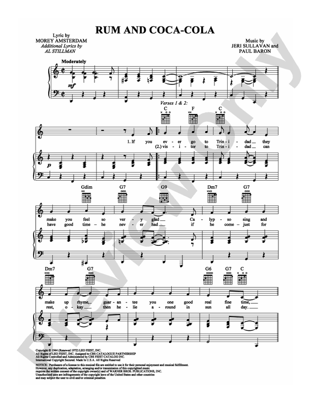 Rum and Coca-Cola: Piano/Vocal/Chords: Paul Baron - Digital Sheet Music ...