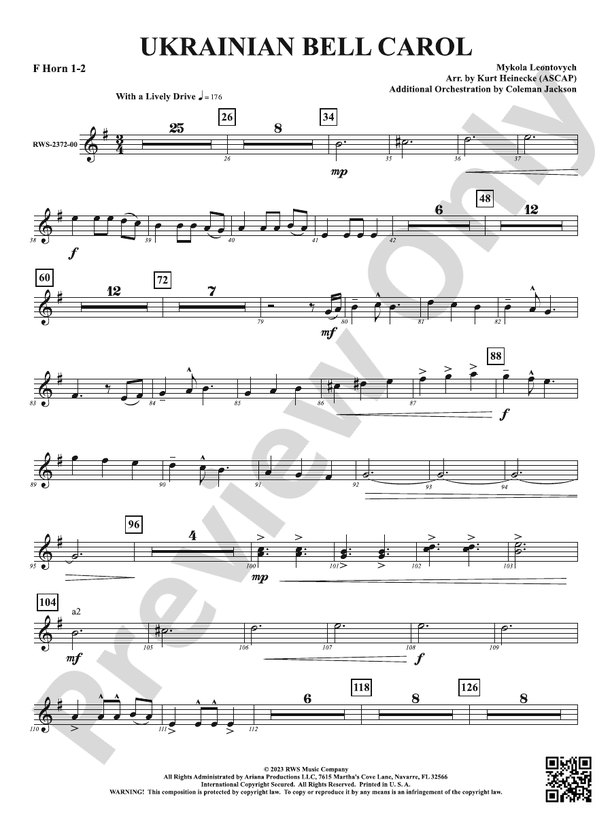Ukrainian Bell Carol: 1st & 2nd F Horns: 1st & 2nd F Horns Part - Digital Sheet Music Download