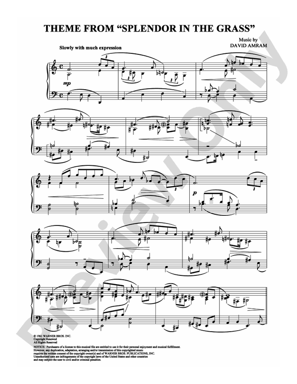 Splendor in the Grass (Main Theme): Piano: David Amram - Digital Sheet ...