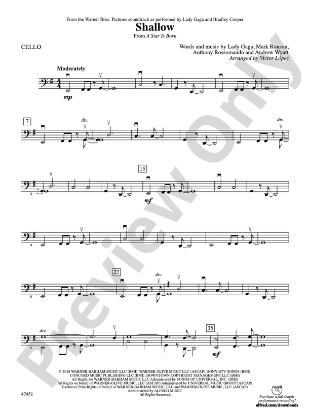 Shallow (from A Star Is Born): Cello: Cello Part - Digital Sheet Music ...