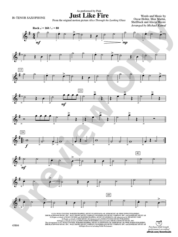 Just Like Fire: B-flat Tenor Saxophone: B-flat Tenor Saxophone Part ...