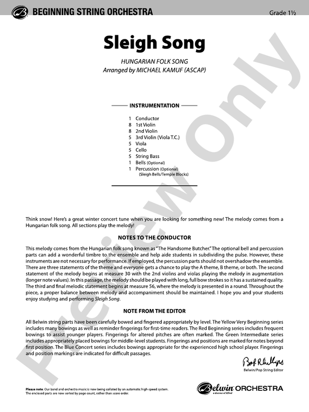 Sleigh Song: Score: String Orchestra Score - Digital Sheet Music Download