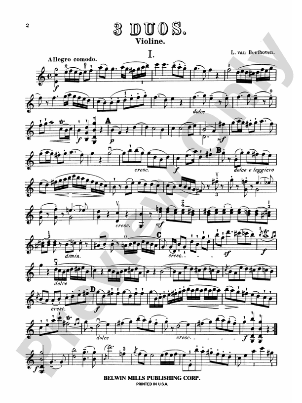 Beethoven: Three Duets for Violin and Cello: Duet No. 1 (Violin) Part - Digital Sheet Music Download