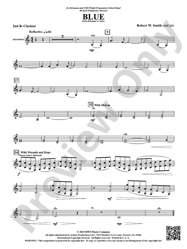 Blue: 2nd B-flat Clarinet: 2nd B-flat Clarinet Part: Robert W. Smith - Digital Sheet Music Download