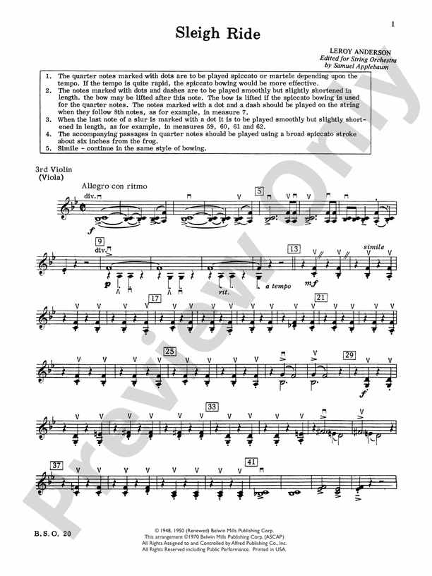Sleigh Ride: 3rd Violin (Viola [TC]): 3rd Violin (Viola [TC]) Part ...