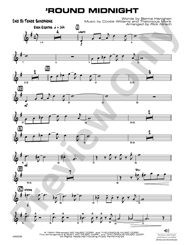 'Round Midnight: 2nd B-flat Tenor Saxophone: 2nd B-flat Tenor Saxophone Part - Digital Sheet ...