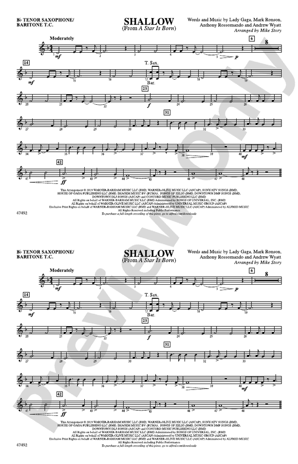 Shallow: Bb Tenor Saxophone/Bartione Treble Clef: Bb Tenor Saxophone ...