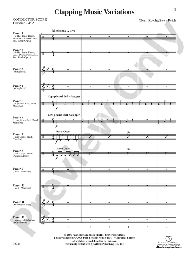 Clapping Music Variations: Percussion Ensemble Score & Parts: Glenn ...