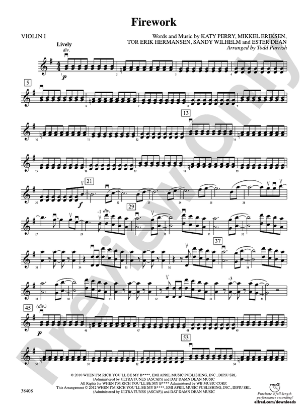 Firework: 1st Violin: 1st Violin Part - Digital Sheet Music Download