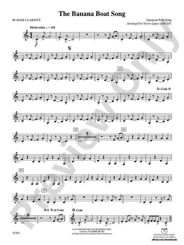 The Banana Boat Song: B-flat Bass Clarinet: B-flat Bass Clarinet Part ...