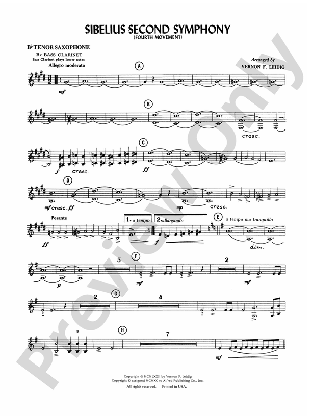 Sibelius's 2nd Symphony, 4th Movement: B-flat Tenor Saxophone: B-flat Tenor Saxophone Part ...