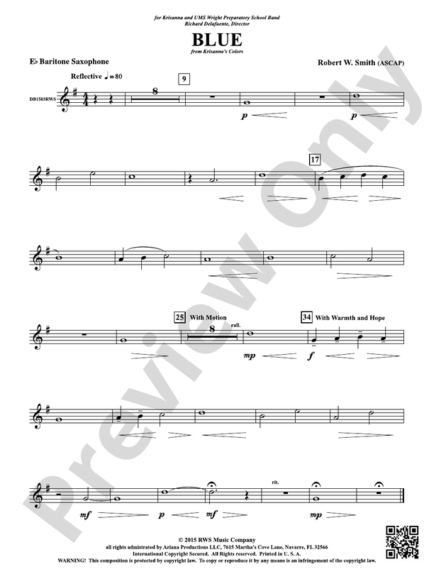 Blue: E-flat Baritone Saxophone: E-flat Baritone Saxophone Part: Robert W. Smith - Digital Sheet ...