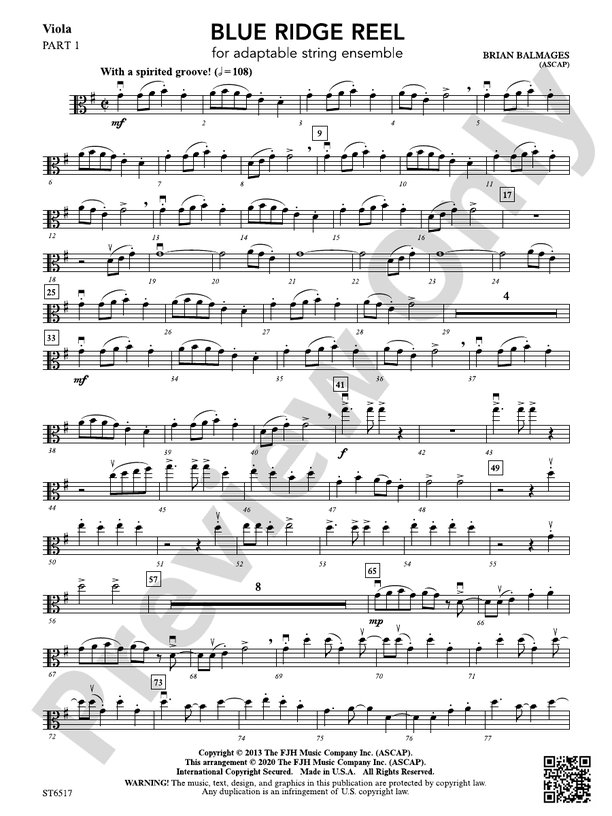Blue Ridge Reel: Part 1 Viola: Part 1 Viola Part: Brian Balmages ...