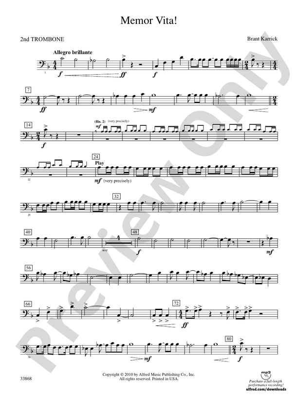 Memor Vita!: 2nd Trombone: 2nd Trombone Part - Digital Sheet Music Download