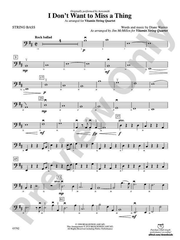 I Don't Want to Miss a Thing: String Bass: String Bass Part - Digital ...