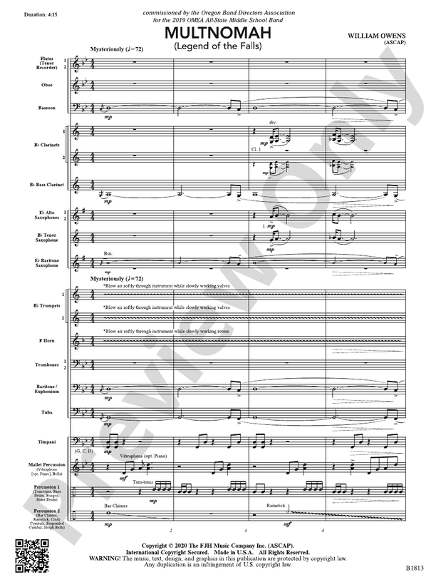 Multnomah (Legend of the Falls): Score: Concert Band Score: William ...