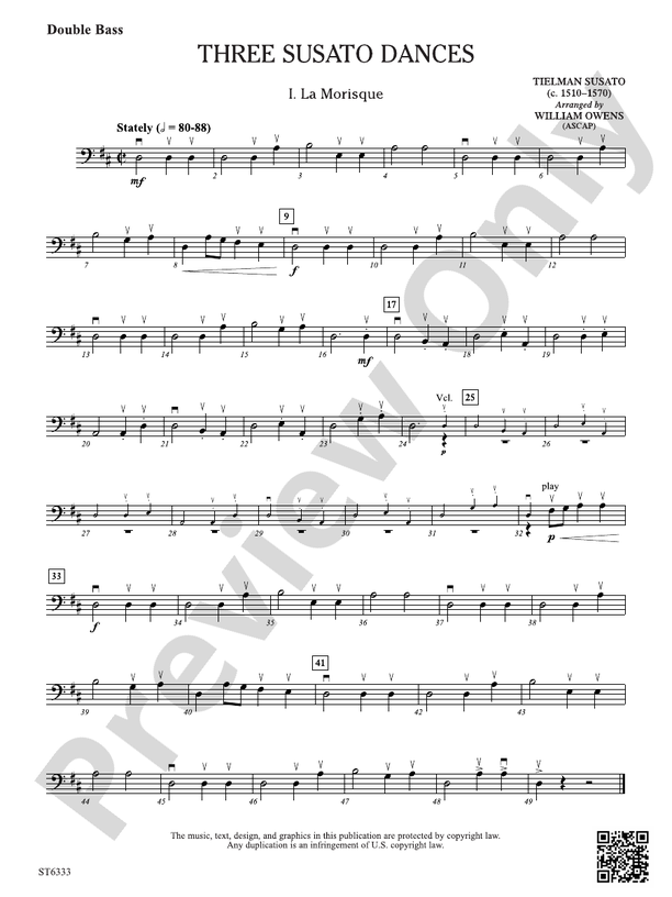 Three Susato Dances: Double Bass: Double Bass Part: Tielman Susato ...