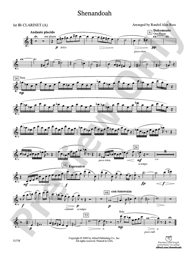 Shenandoah: 1st B-flat Clarinet: 1st B-flat Clarinet Part - Digital Sheet Music Download