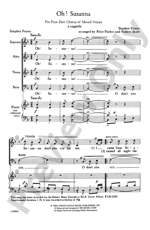 Oh! Susanna: SATB Choral Octavo: Stephen Foster - Digital Sheet Music ...