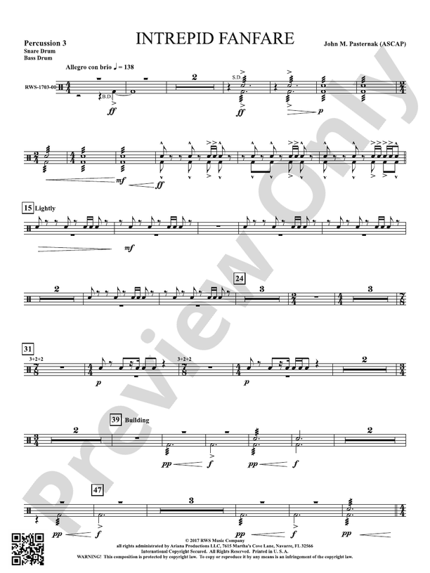 Intrepid Fanfare: 3rd Percussion: 3rd Percussion Part: John M. Pasternak - Digital Sheet Music ...