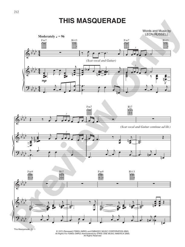 This Masquerade: Piano/Vocal/Chords: George Benson - Digital Sheet Music Download