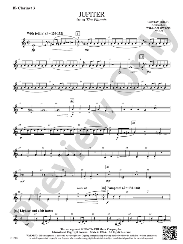 Jupiter (from The Planets): B-flat Clarinet 3: B-flat Clarinet 3 Part ...