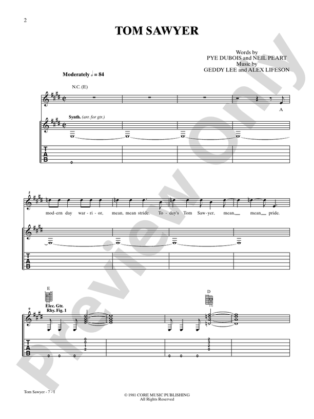 Tom Sawyer: Easy Guitar: Rush - Digital Sheet Music Download