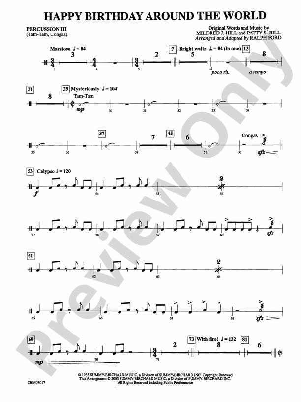 Happy Birthday Around the World: 3rd Percussion: 3rd Percussion Part ...