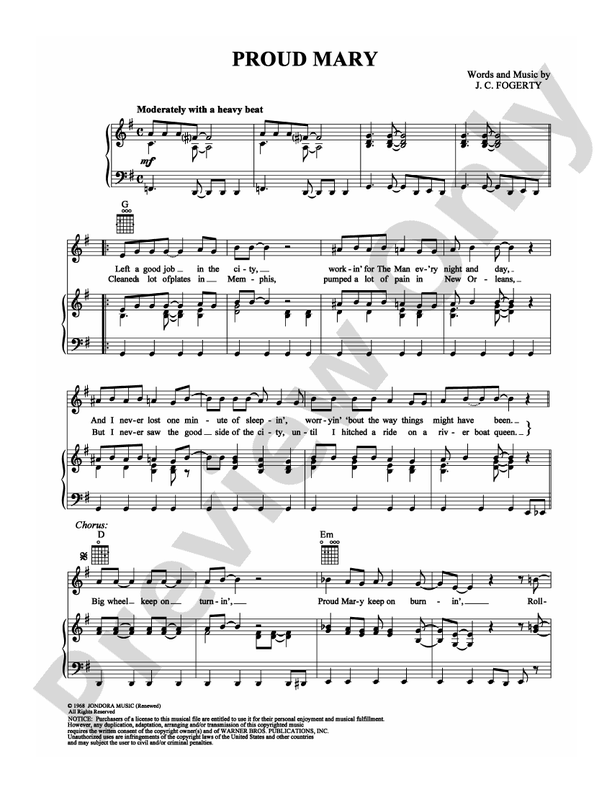 Proud Mary: Piano/Vocal/Chords: Tina Turner - Digital Sheet Music Download