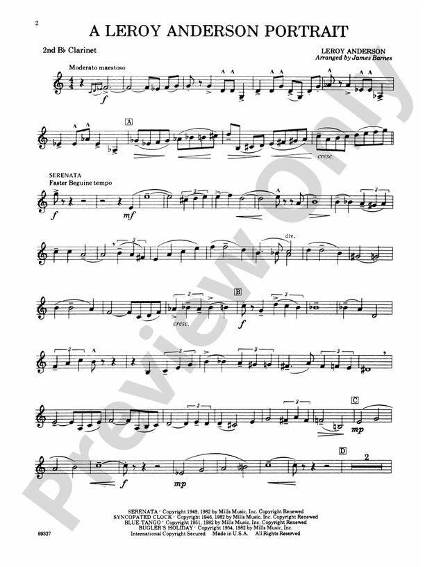 Leroy Anderson Portrait: 2nd B-flat Clarinet: 2nd B-flat Clarinet Part ...
