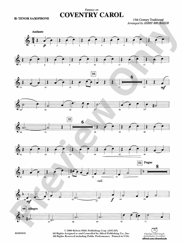 Coventry Carol: B-flat Tenor Saxophone: B-flat Tenor Saxophone Part - Digital Sheet Music Download