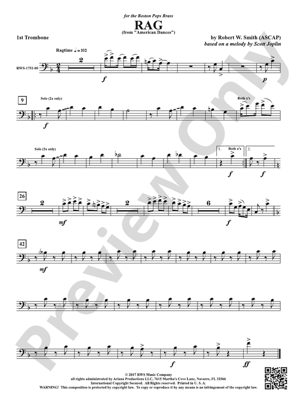 Rag - From American Dances: 1st Trombone: 1st Trombone Part: Robert W ...