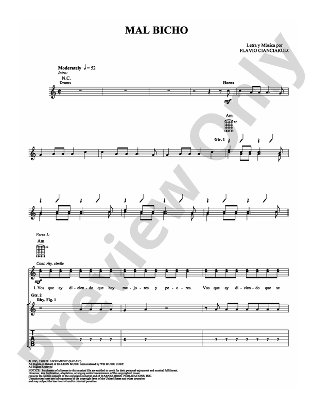 Mal Bicho: Guitar TAB: Los Fabulosos Cadillacs - Digital Sheet Music ...