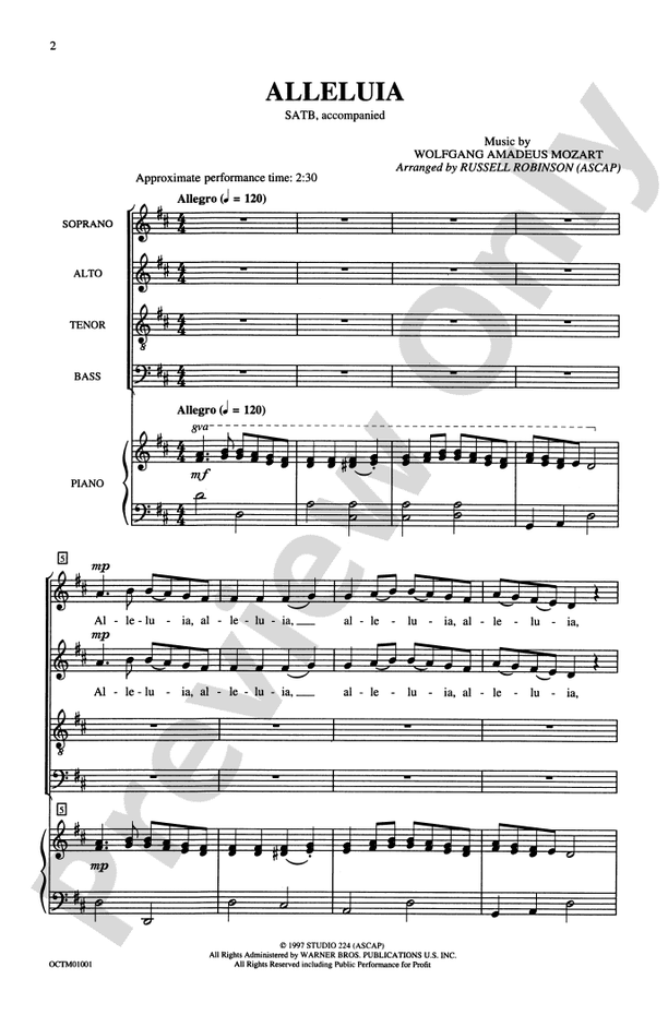 Alleluia: SATB Choral Octavo: Wolfgang Amadeus Mozart - Digital Sheet ...
