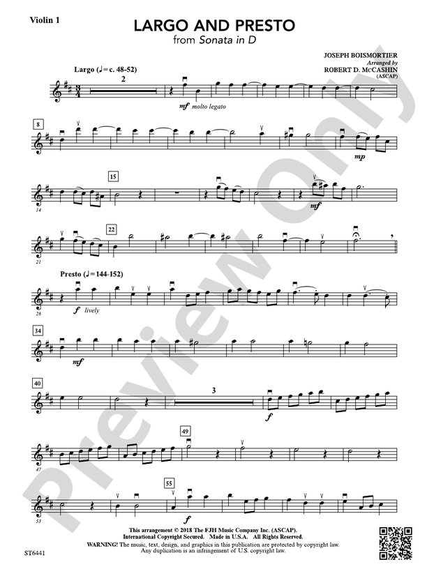 Largo and Presto: Violin 1: Violin 1 Part: Joseph Boismortier - Digital ...