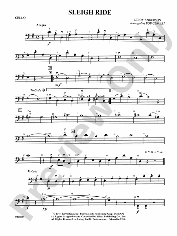 Sleigh Ride: Cello: Cello Part - Digital Sheet Music Download