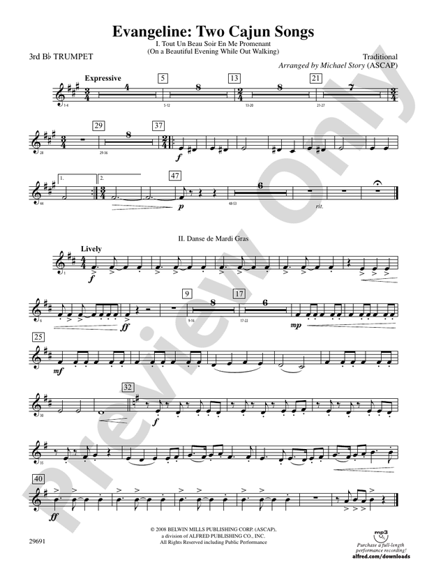Evangeline: Two Cajun Songs: 3rd B-flat Trumpet: 3rd B-flat Trumpet ...