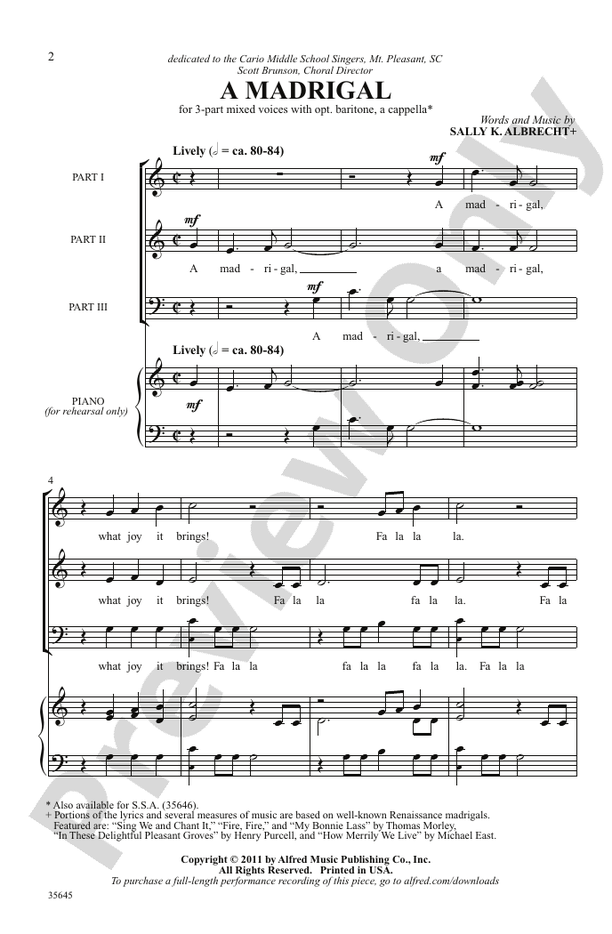 A Madrigal: 3-Part Mixed, a cappella Choral Octavo: Sally K. Albrecht ...