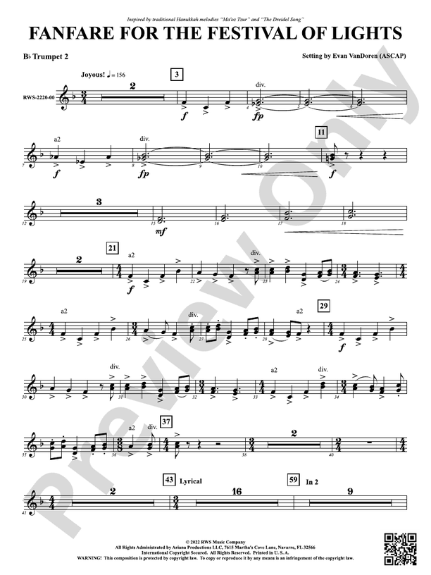 Fanfare for the Festival of Lights: 2nd B-flat Trumpet: 2nd B-flat Trumpet Part: Evan VanDoren ...
