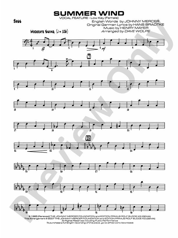 Summer Wind: String Bass: String Bass Part - Digital Sheet Music Download