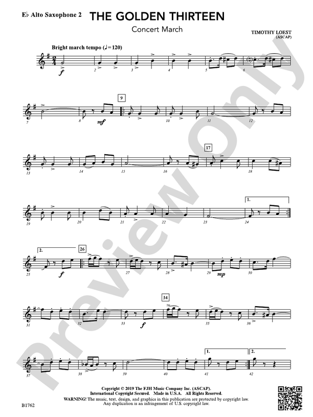 The Golden Thirteen: E-flat Alto Saxophone 2: E-flat Alto Saxophone 2 Part: Timothy Loest ...