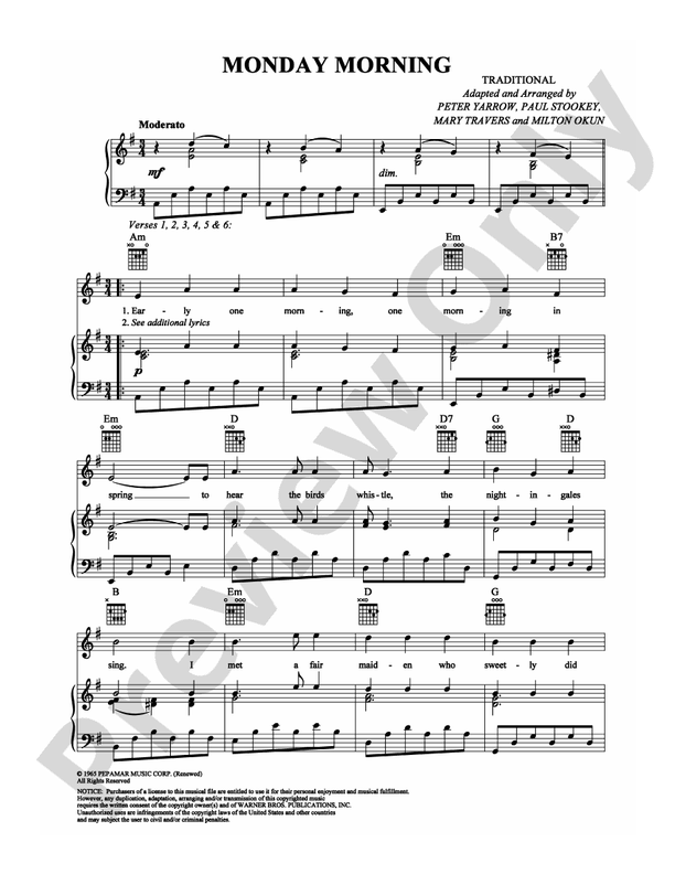 Monday Morning: Piano/Vocal/Chords: Peter, Paul & Mary - Digital Sheet ...