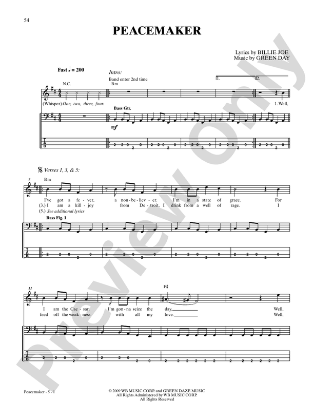 Peacemaker: Bass Guitar: Green Day - Digital Sheet Music Download